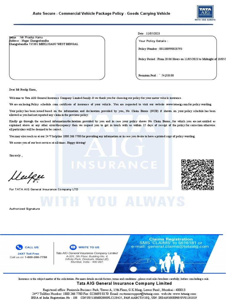 Tata AIG Motor Policy Schedule 3189 6300379952 00 PDF Insurance