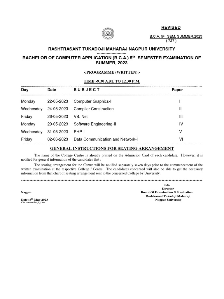 BCA 5th Semester Exam Schedule Summer 2023 | PDF | Computer Engineering | Computer Science