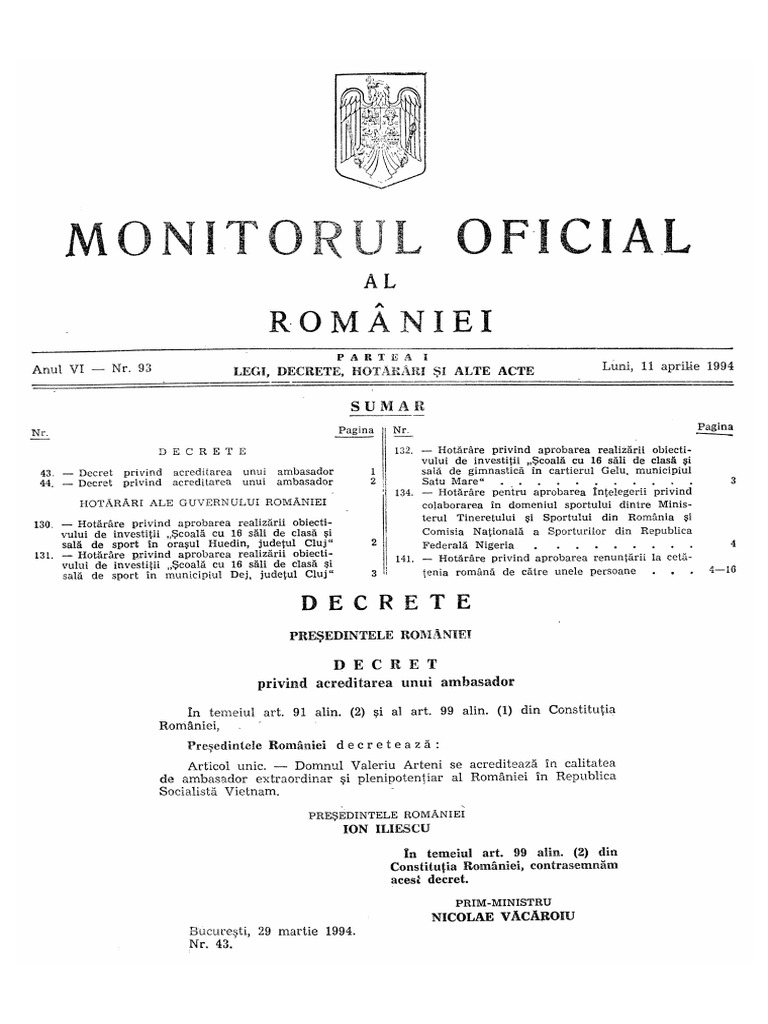 Monitorul Oficial Al României. Partea I 1994-04-11, Nr. 93 | PDF