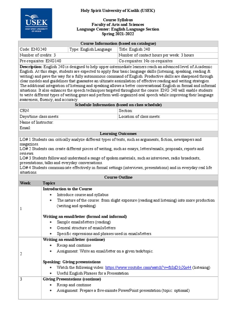 ENG240 Course Syllabus Overview | PDF | Essays | Communication