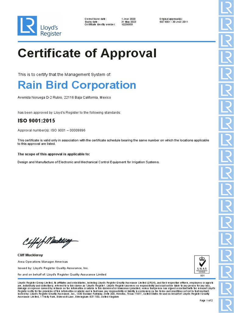 Iso 9001 Cert - Expires May - 2023-Certificado de Calidad Rain Bird | PDF