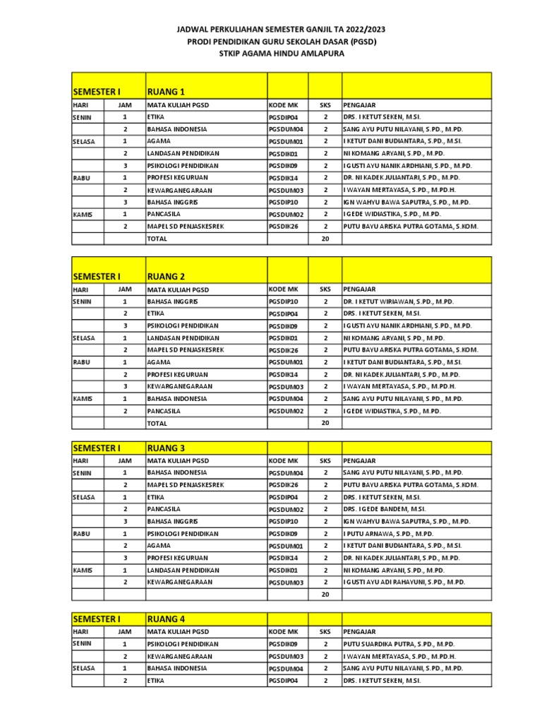 PGSD - Jadwal Ganjil 22-23 | PDF