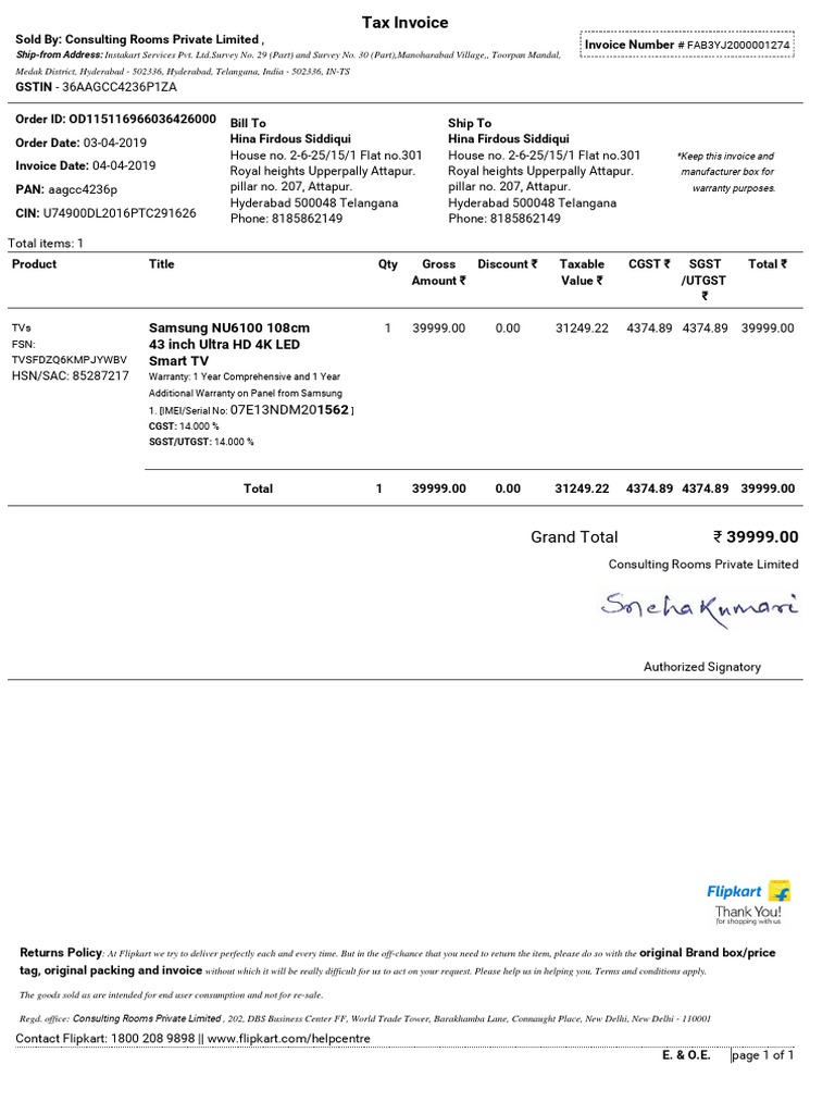 Tax Invoice for Samsung NU6100 108cm 43 inch Ultra HD 4K LED Smart TV | PDF