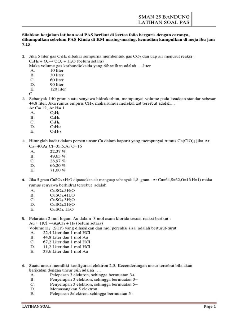 LATIHAN SOAL PAS KIMIA Kelas XI 2022 | PDF