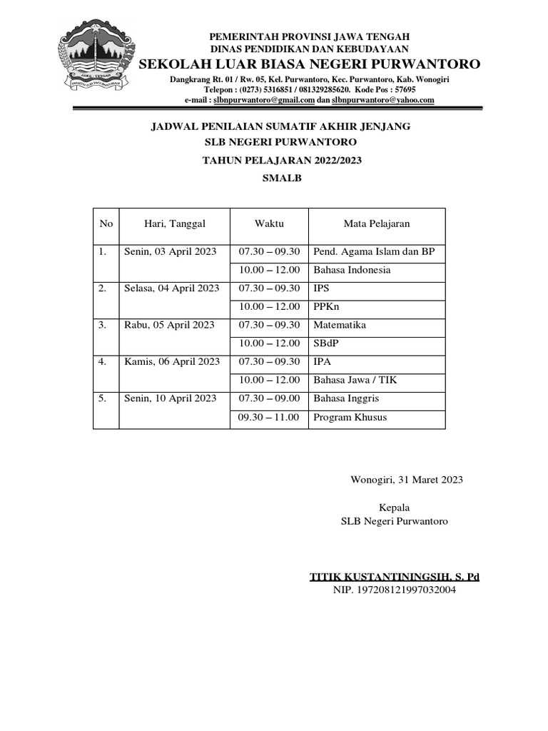 Jadwal PSJ SLB Negeri Purwantoro 2023 | PDF