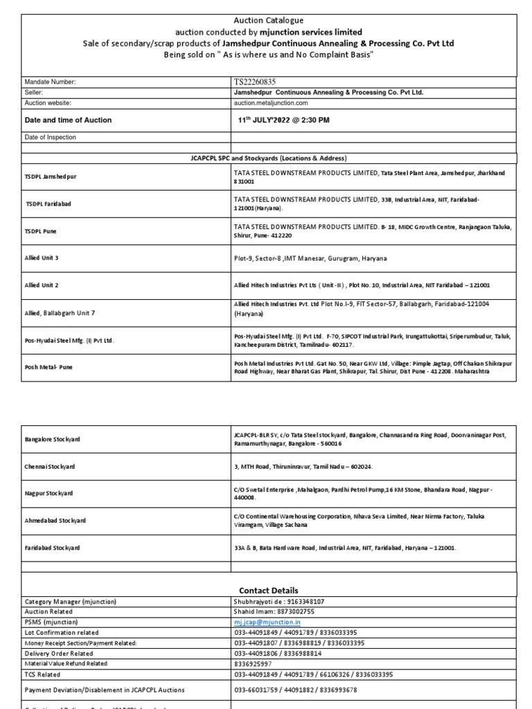 JCAPCPL Ex SPC BATCHES (STOCK) Auction Catalog DT 11 July'22 - 101619 ...