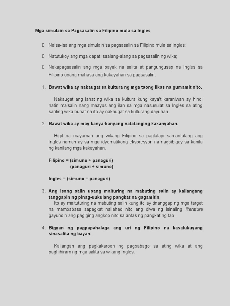 Mga-simulain-sa-Pagsasalin-sa-Filipino-mula-sa-Ingles | PDF