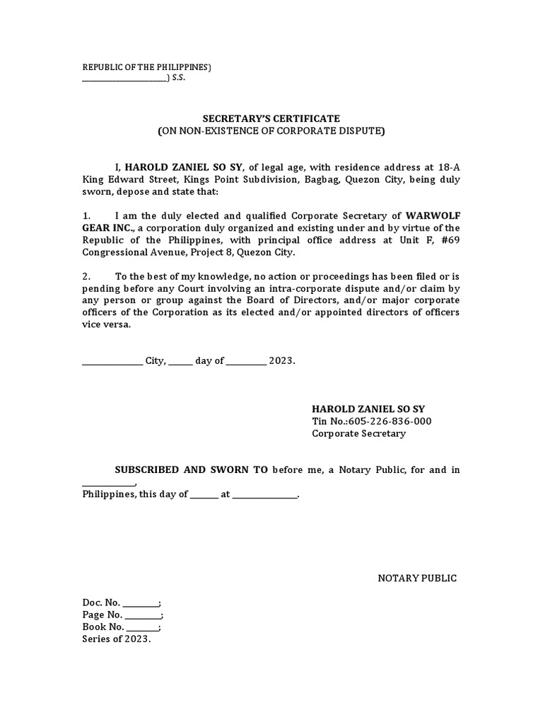 Corporate Secretary's Certificate of No Dispute | PDF | Social Science
