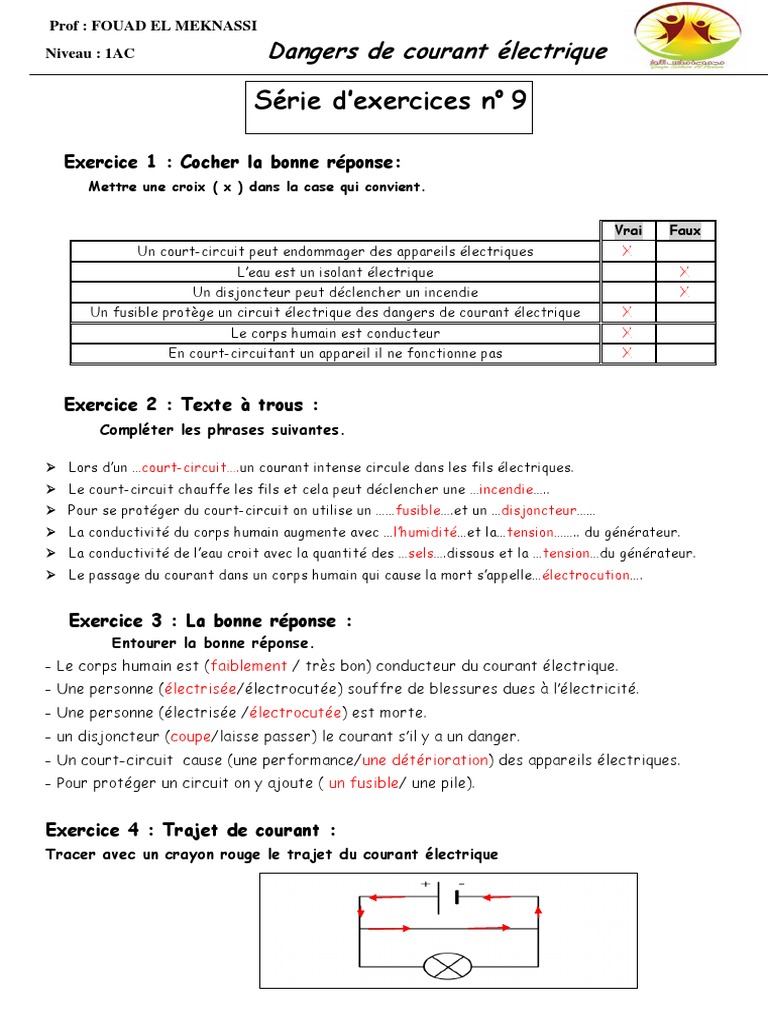 Prevention Des Dangers Du Courant Electrique Corrige Serie D Exercices 1 | PDF