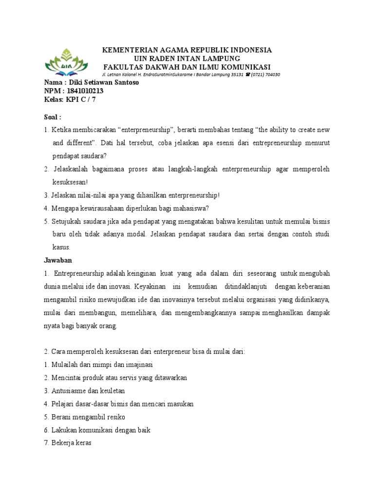 UAS Entrepreneur Diki Setiawan Santoso | PDF | Bisnis | Pengembangan Diri