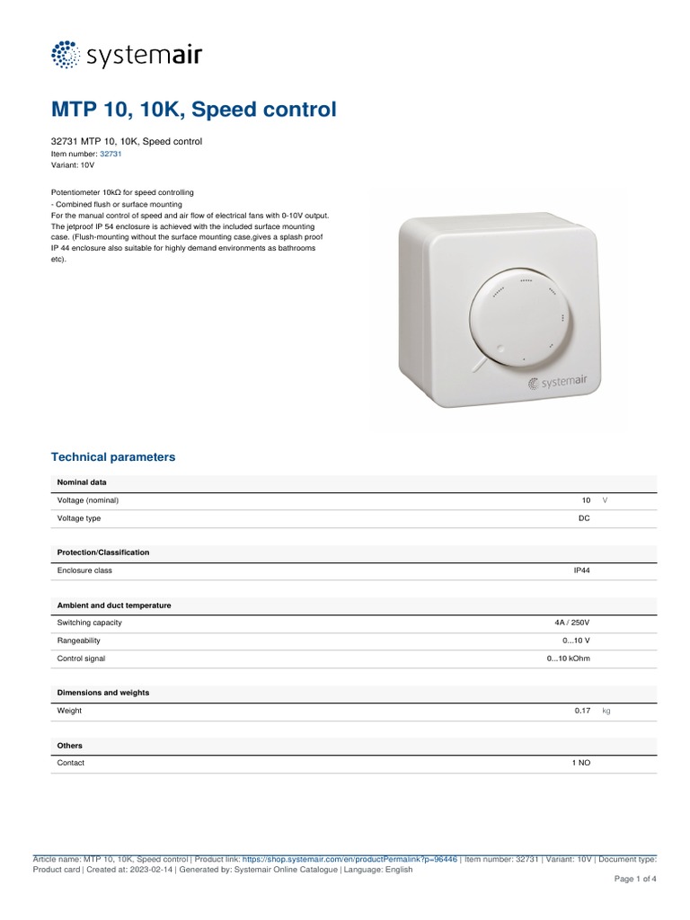 Systemair MTP 10 10K Speed Control | PDF