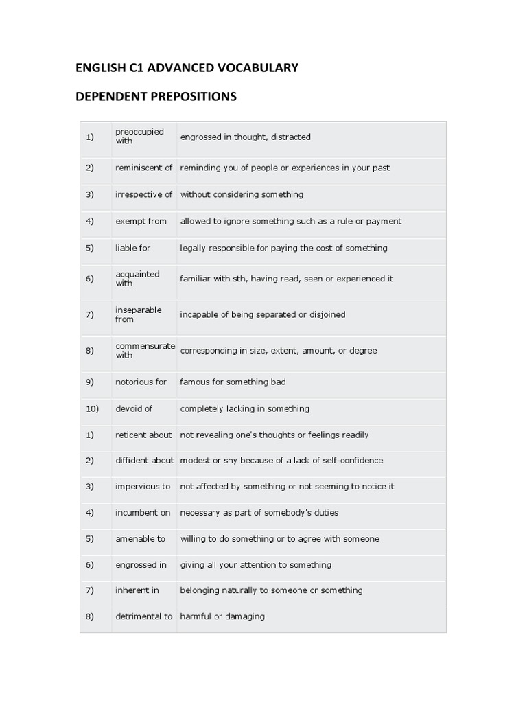 Dependent Prepositions English C1 Advanced Vocabulary PDF | PDF ...