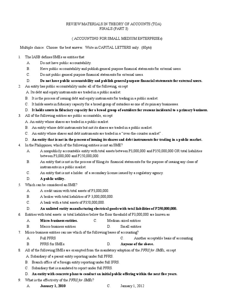 Theory of Accounts Test Reviewfinals 3 SMEs With Answers | PDF | Equity ...