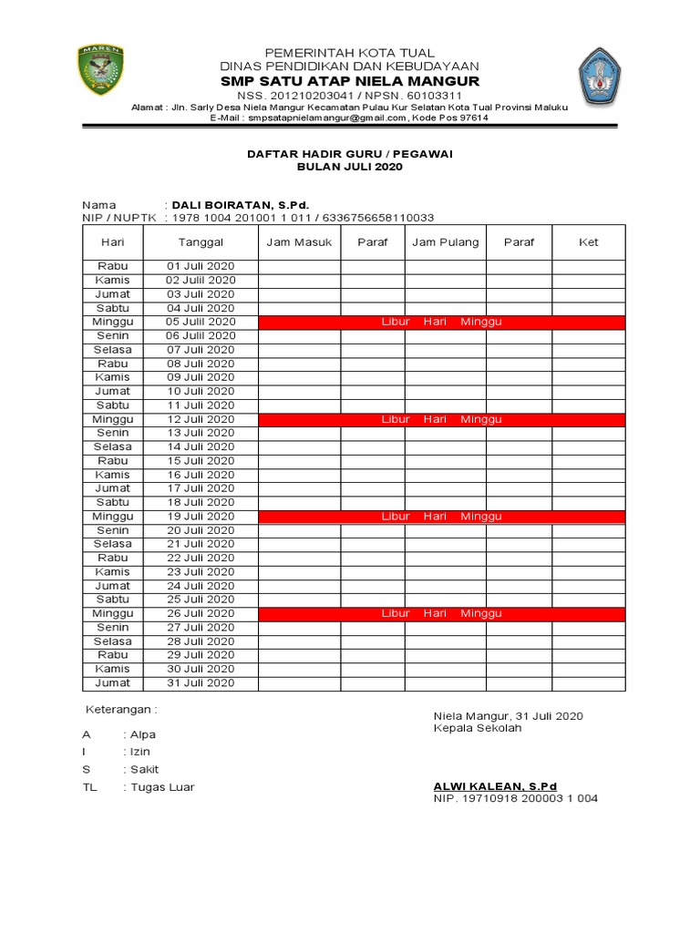 Daftar Hadir PNS BLN Juli | PDF