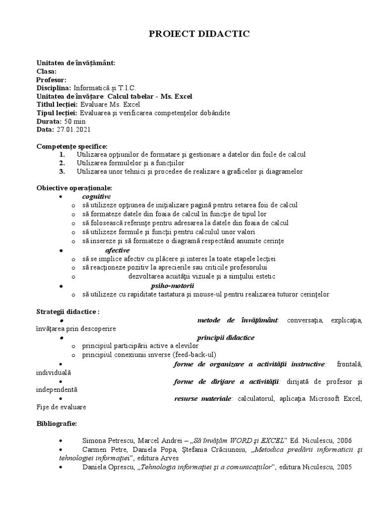 Proiect de Lectie-Evaluare Excel | PDF