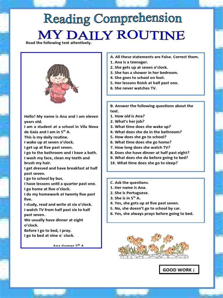 My Daily Routine Reading Comprehension Exercises - 8623 | PDF