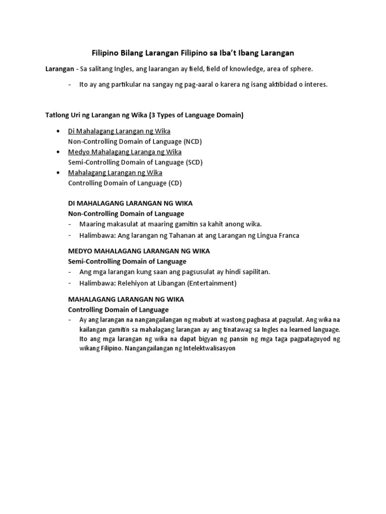 Filipino Bilang Larangan at Filipino Sa Iba't Ibang Larangan | PDF