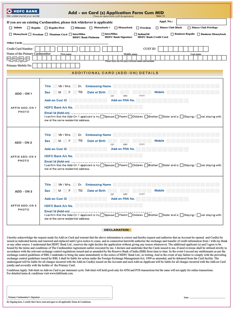 HDFC Card Addon Application Form | PDF | Government And Personhood ...