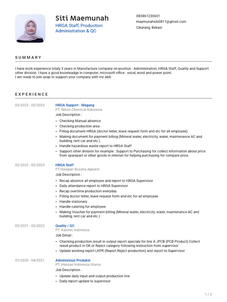 Siti Maemunah - HRGA Staff, Production Administration & QC - Resume PDF ...