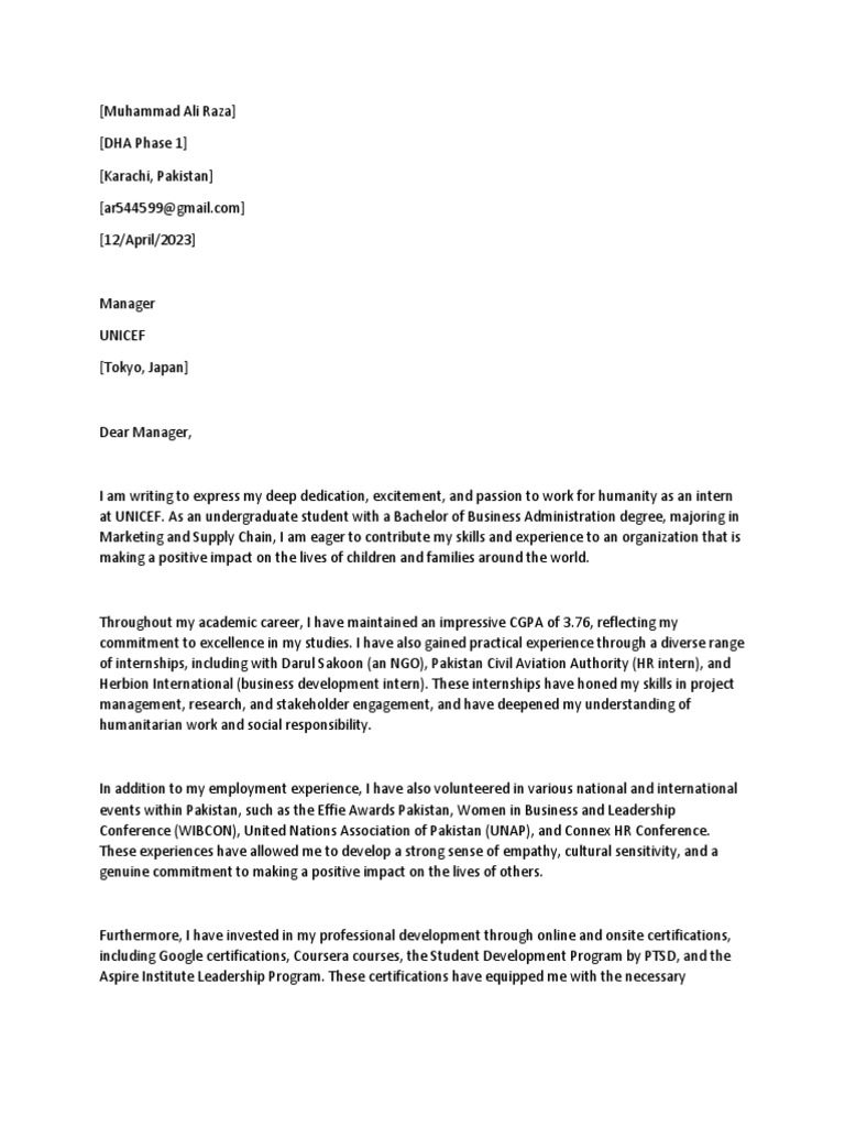 Muhammad Ali Raza. UNICEF Cover Letter | PDF | Internship | Job Hunting