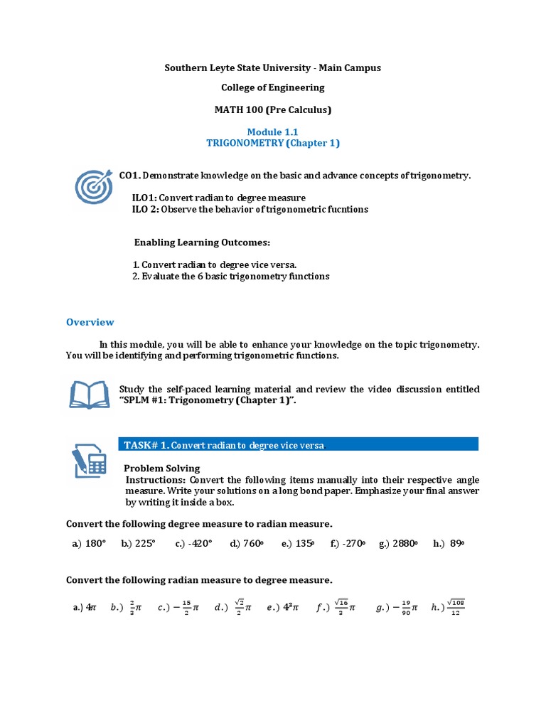 Math 100 Module 1.1 | PDF | Trigonometry | Trigonometric Functions