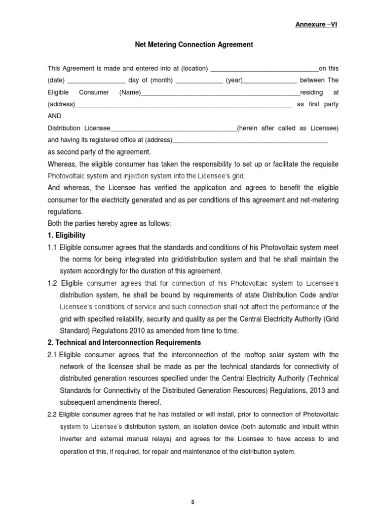 Net Metering Connection Agreement Between Eligible Consumer and ...