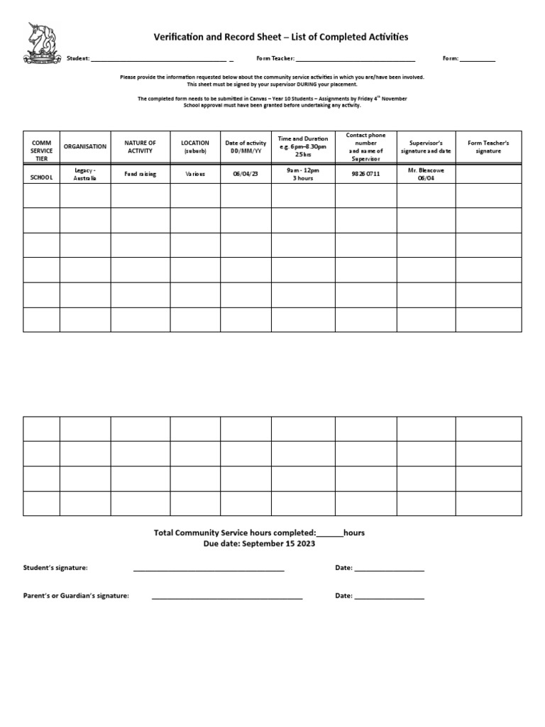 Community Service Verification and Record Sheet 2023 | PDF
