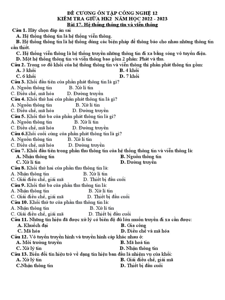 ĐỀ CƯƠNG ÔN TẬP giữa HK2 cn12 | PDF