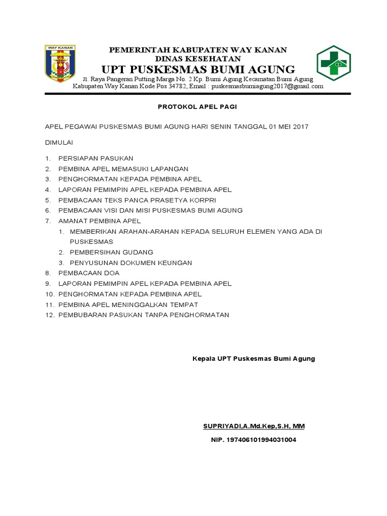 Protokol Apel Pagi Puskesmas Bumi Agung | PDF