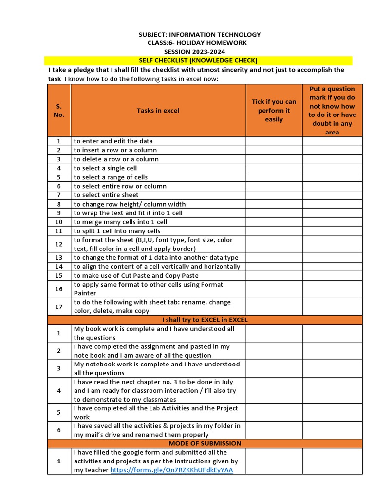 Self Checklist MS Excel Class 6 | PDF | Microsoft Excel | Computing