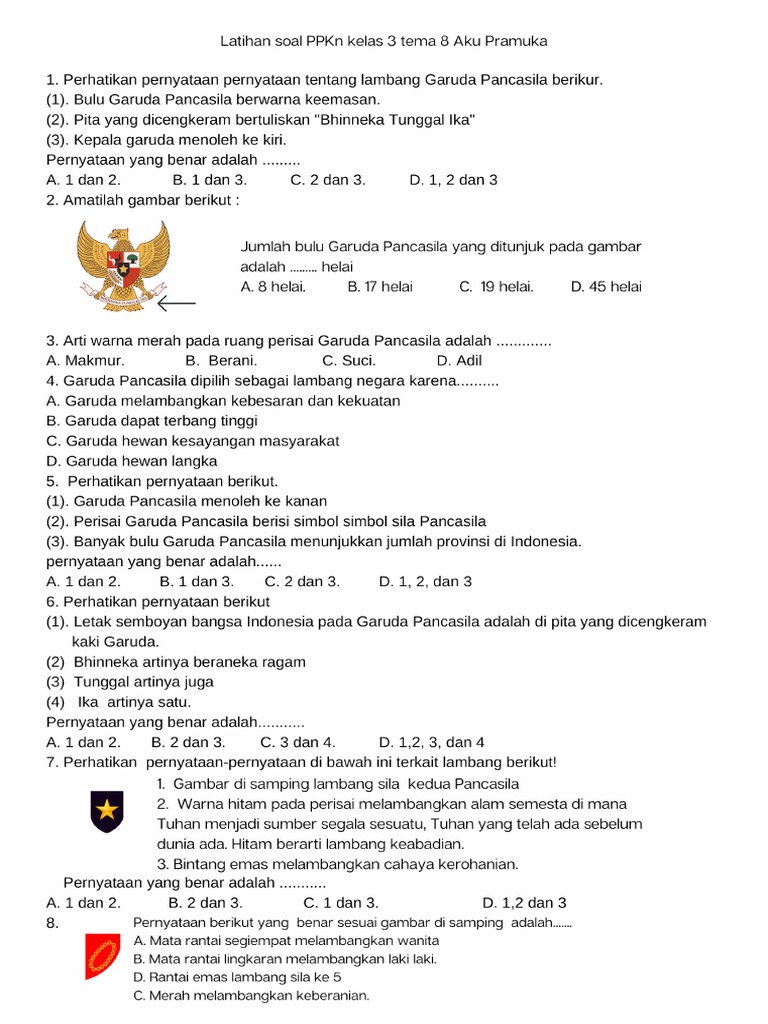 Latihan Soal PKN Kelas 3 Unit 8. Lambang Negara Indonesia | PDF
