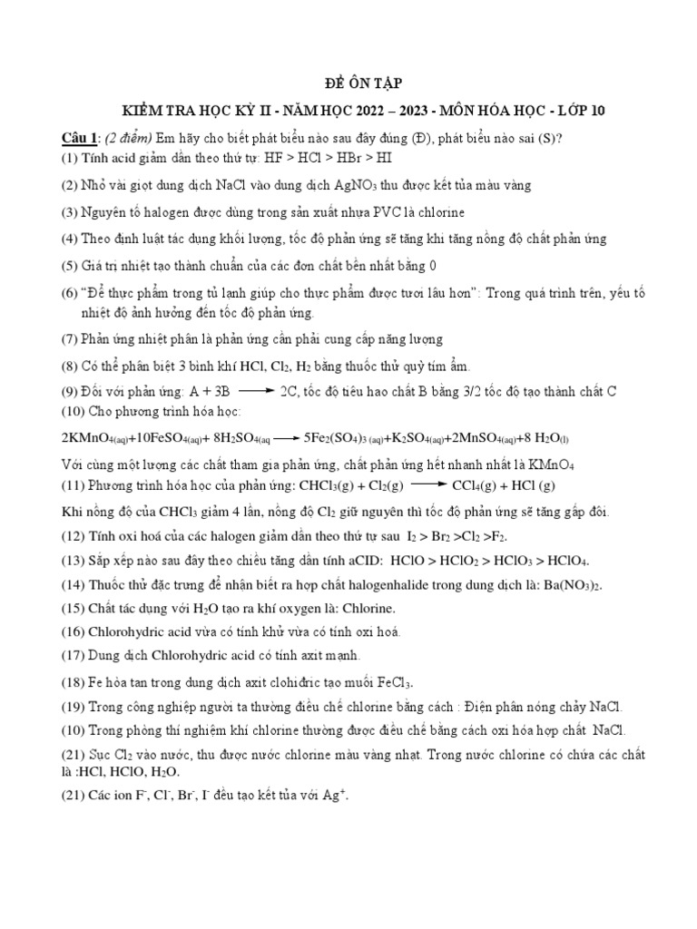 ÔN TẬP HocKy2 2023 Hoa hoc 10 | PDF