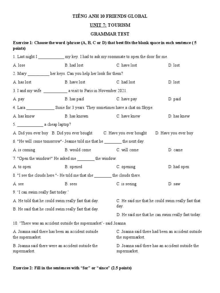 Friends Global 10 - Unit 7 - Grammar Test | PDF