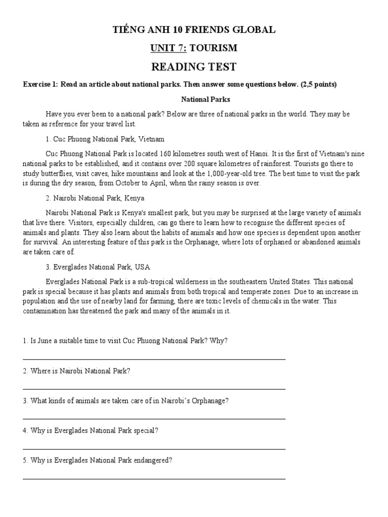 Friends Global 10 - Unit 7 - Reading Test | PDF | Camping | Agriculture