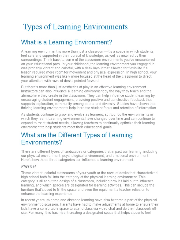 Types of Learning Environments | PDF | Learning | Classroom