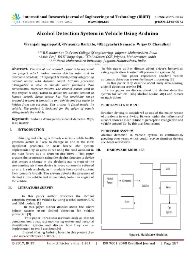 Alcohol Detection System In Vehicle Using Arduino Pdf