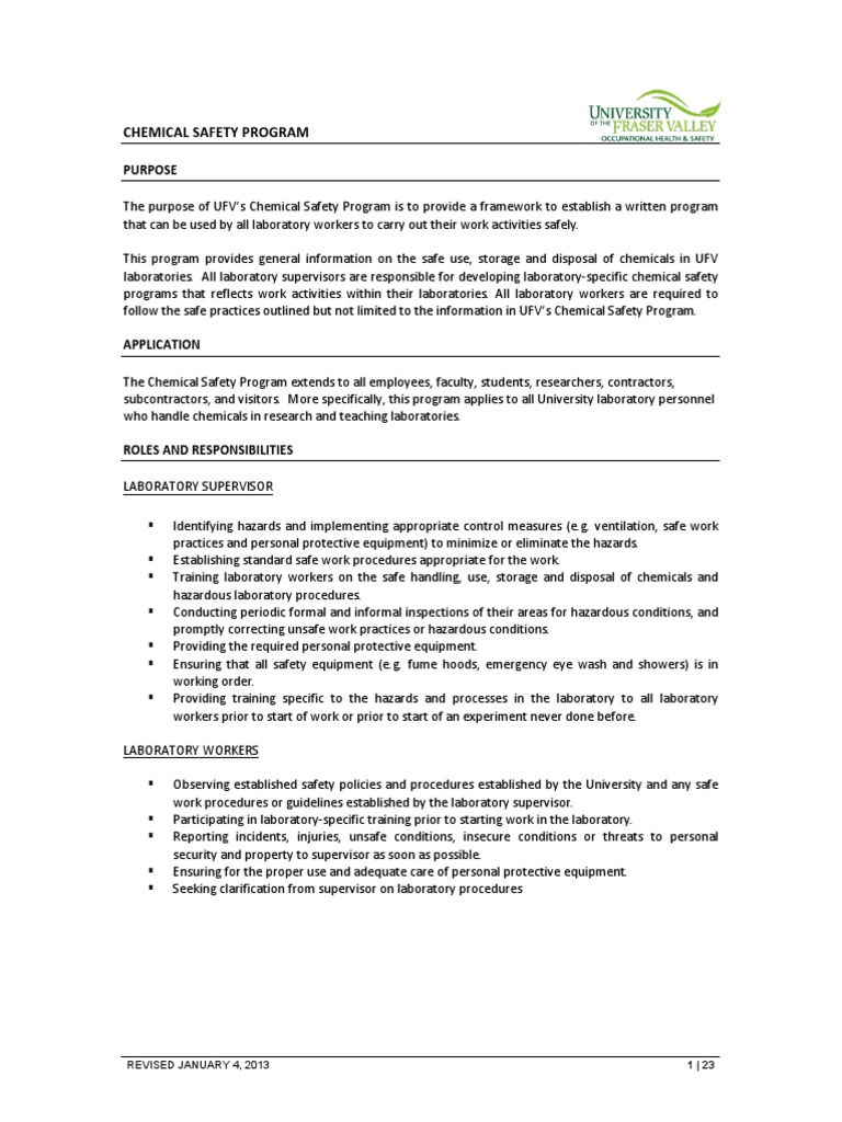 UFV Chemical Safety Program Guide | PDF | Laboratories | Personal ...
