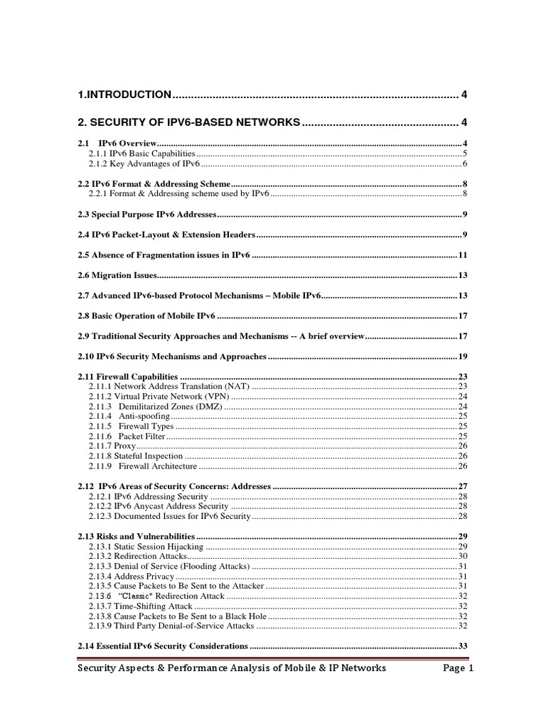 Security Aspects & Performance Analysis of Mobile & IP Networks - Contents | PDF | I Pv6 ...