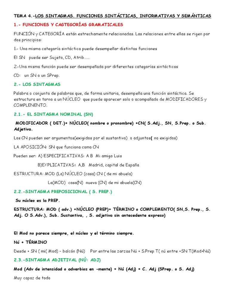 Tema 4. - Los Sintagmas. Las Funciones Sintácticas PDF | PDF | Asunto (gramática) | Verbo