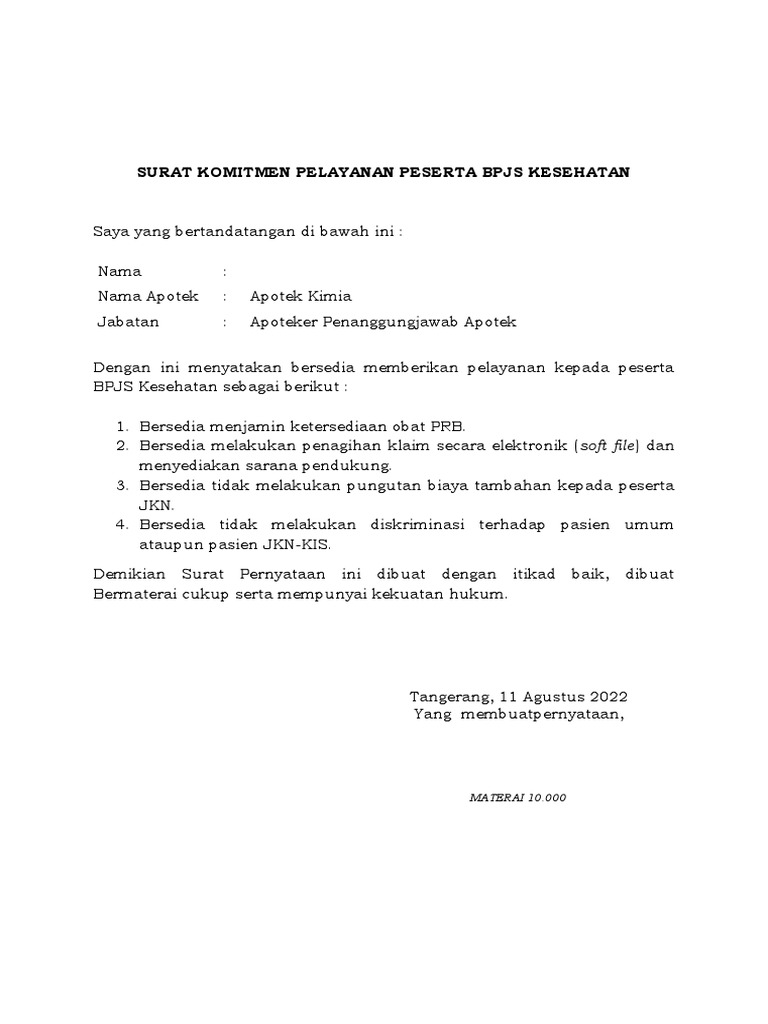 SURAT PERYATAAN KOMITMEN PELAYANAN FKTP KE BPJS KESEHATAN PRB KF MDL.docx | PDF