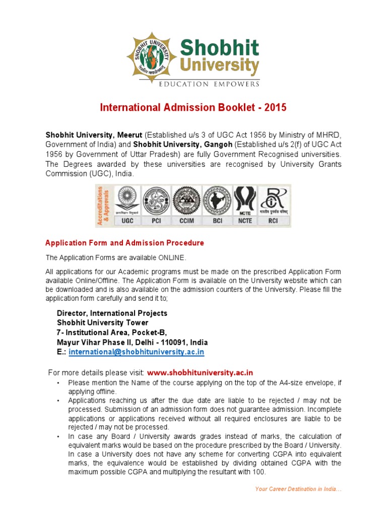 Shobhit University International Admission Booklet 2015 | PDF