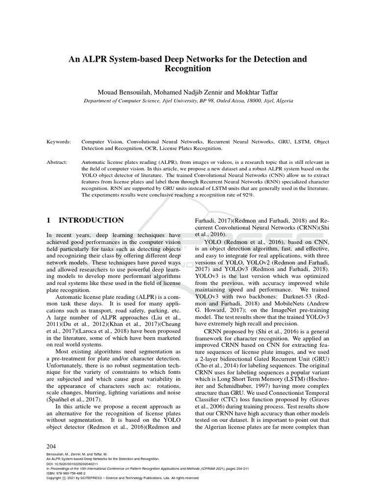 An ALPR System-Based Deep Networks For The Detection and Recognition | PDF