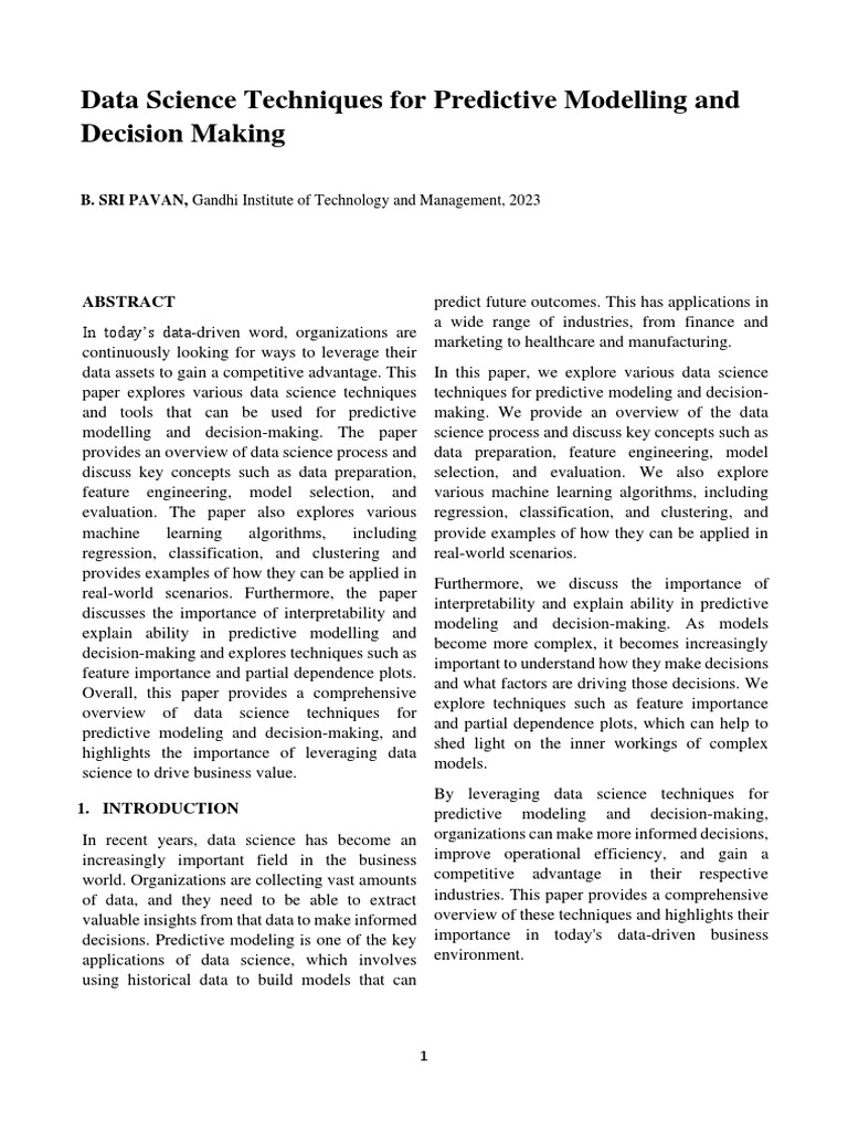 Data Science Techniques For Predictive Modelling and Decision Making ...