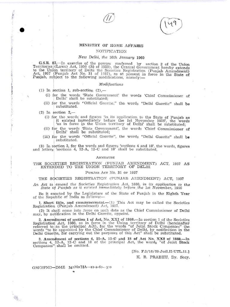 Delhi Societies Registration Amendment 1960 | PDF | Governance | Common Law