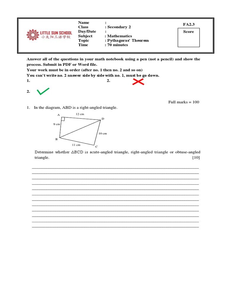 FA2.3 Pythgoras' Theorem | PDF | Triangle | Euclidean Plane Geometry