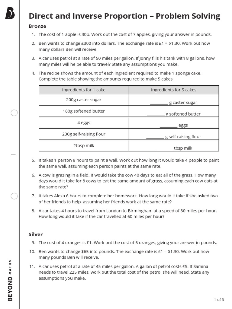 Alt - Direct and Inverse Proportion - Problem Solving (Without Answer ...