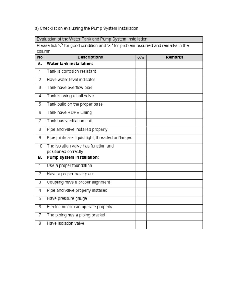 Checklist | PDF | Valve | Pump