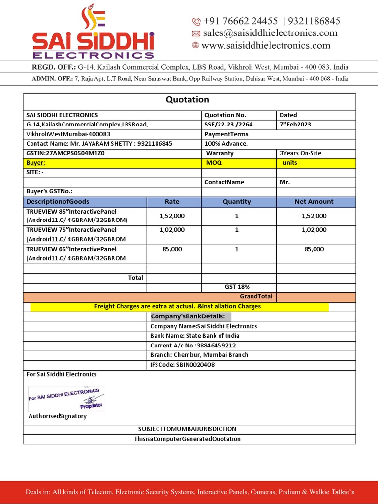 Quotation for the Supply of Three TRUEVIEW Interactive Panels with ...