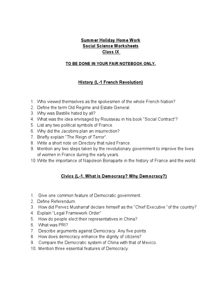 Class IX Social Science Holiday Assignments | PDF | Democracy ...