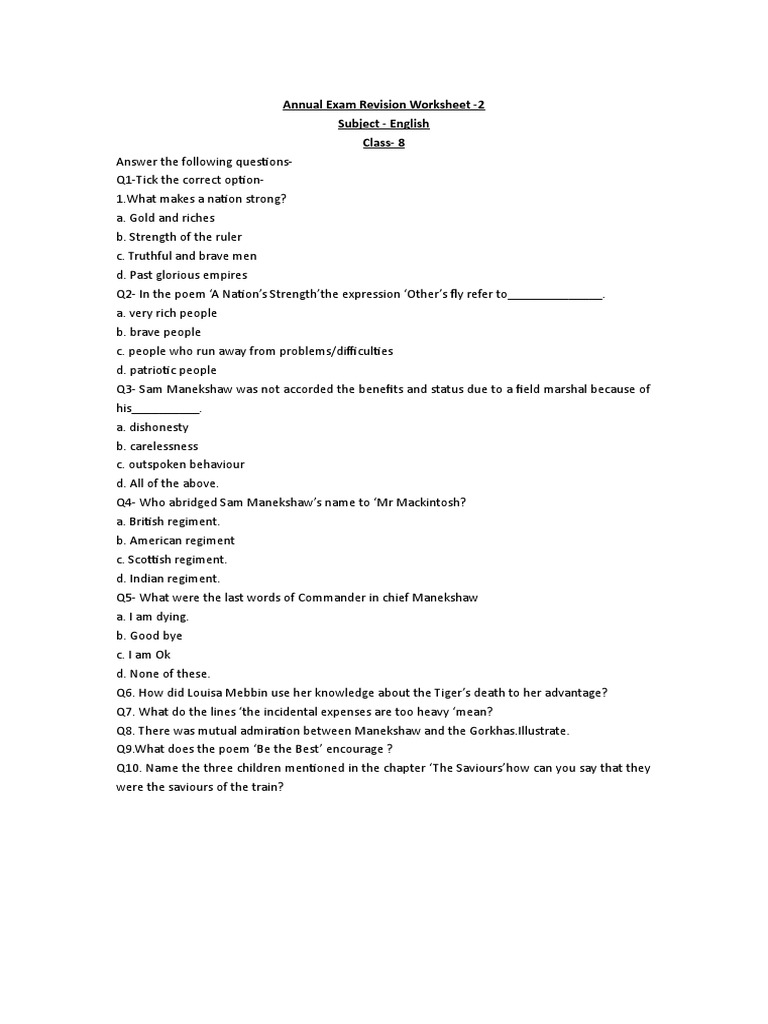 Annual Exam Revision Worksheet 2 Class 8 | PDF